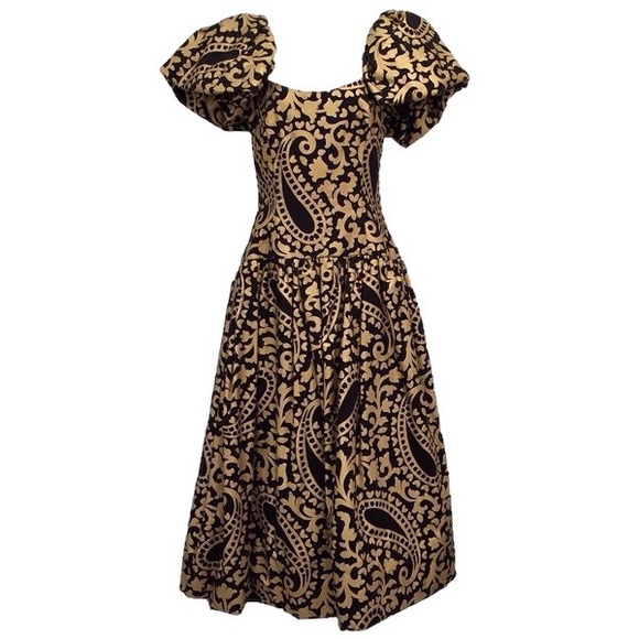 Neiman Marcus | Dresses | Vtg Formal Dress Gown Black Gold Paisley Puff ...